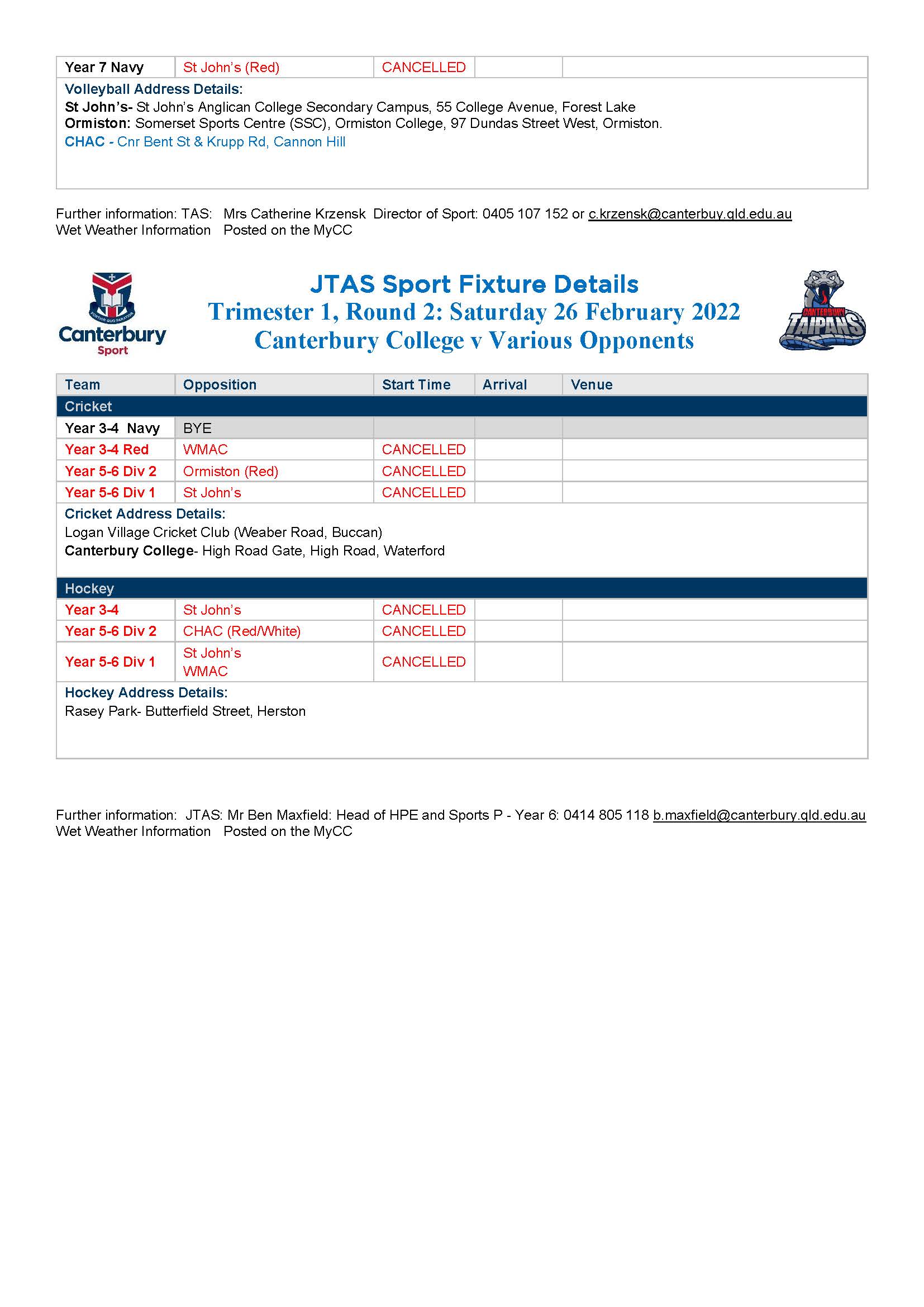 JTAS and TAS SATURDAY SPORT FIXTURES: WET WEATHER CANCELLATIONS ...