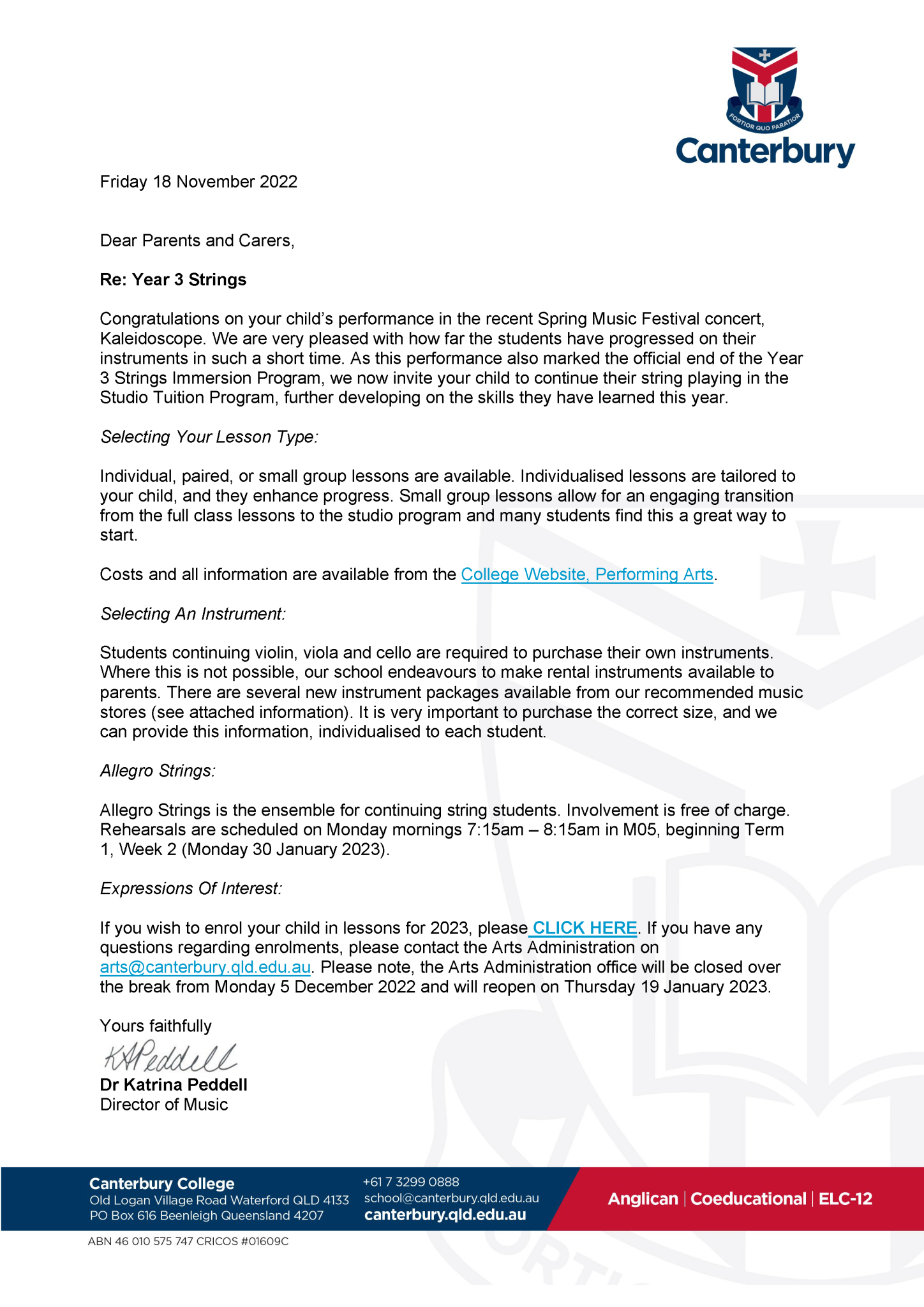 Year 3 Strings | End Of Year Letter: 2023 Studio Tuition Program ...