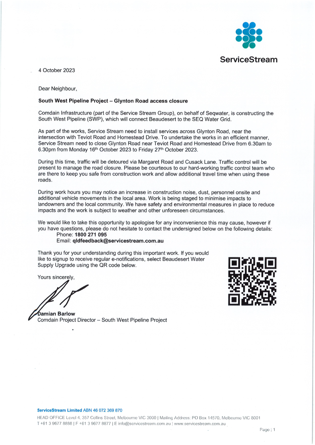 Service Stream South West Pipeline Project Notice | Glynton & Margaret ...