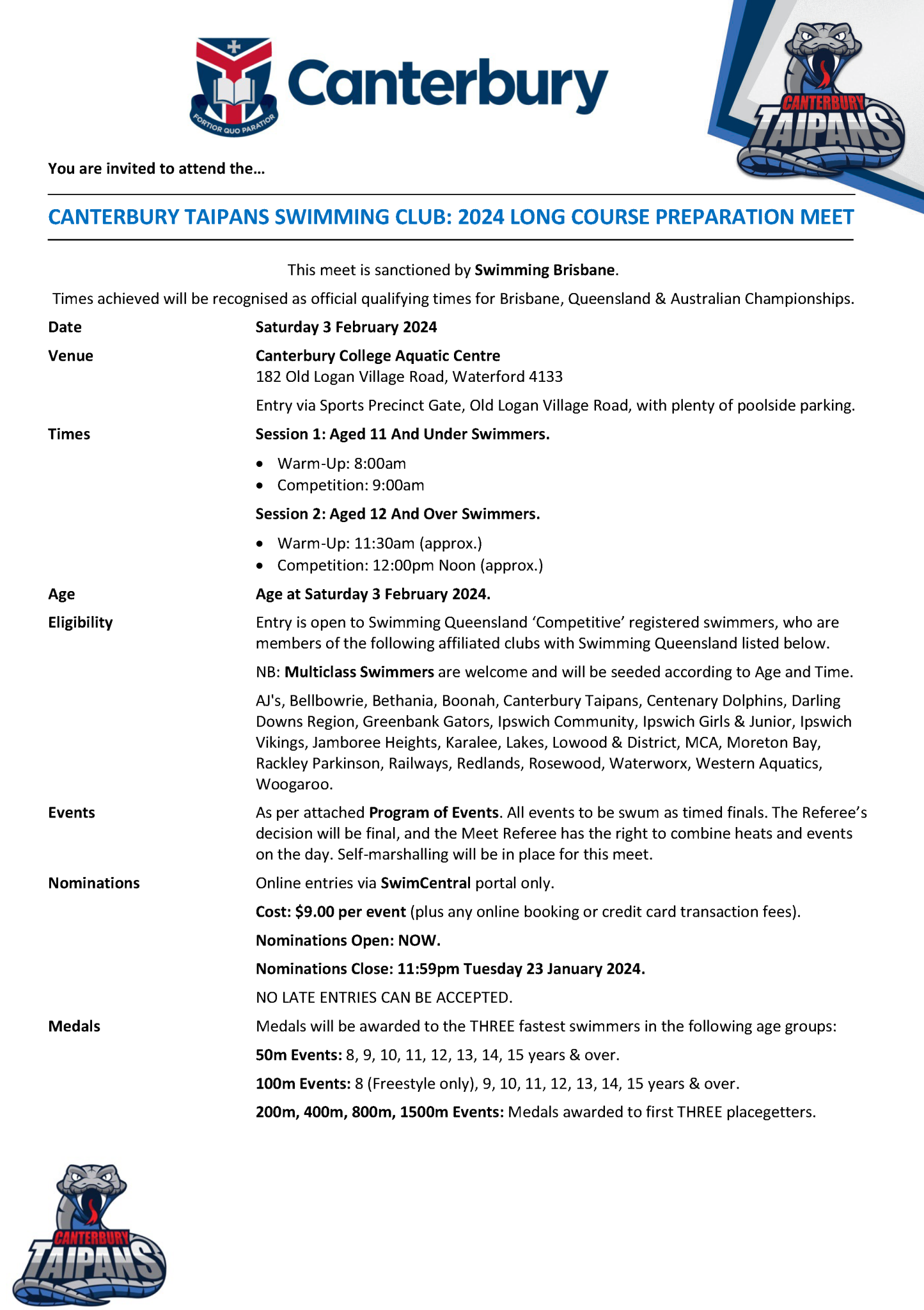 REMINDER: Canterbury Taipans Swimming Club | Long Course Preparation ...