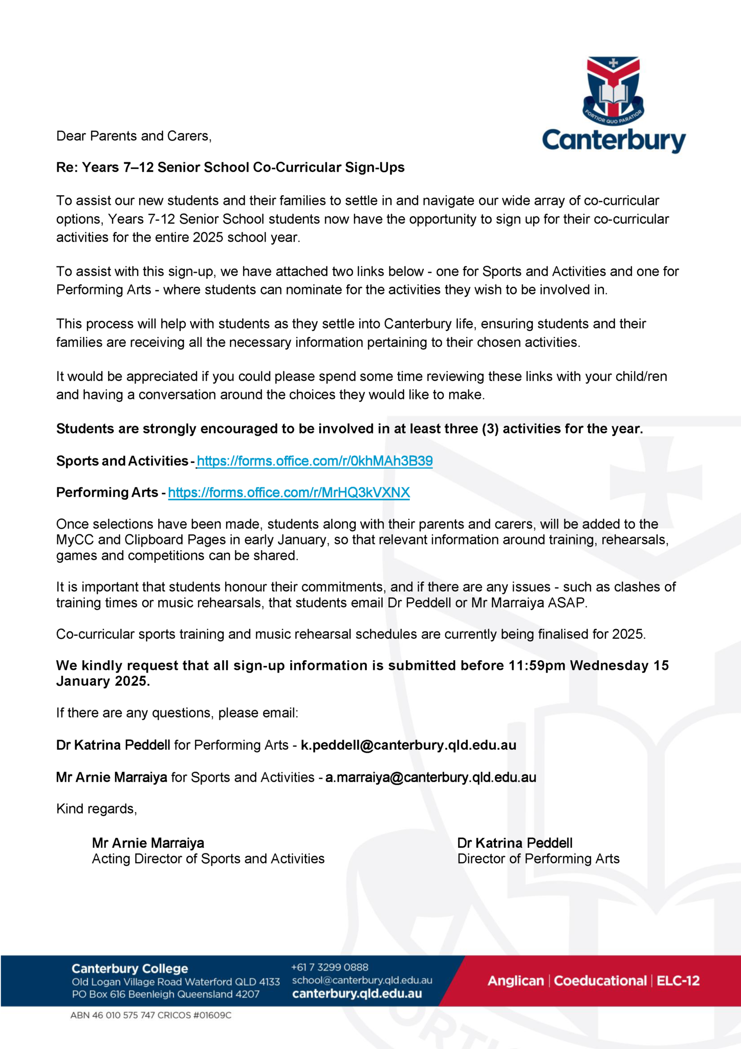 2025 Years 7-12 Senior School Co-Curricular Sign-Ups Letter | Sports ...